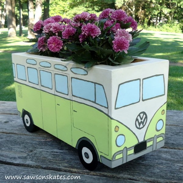 DIY Flower Power Painted Wood Bus Planter